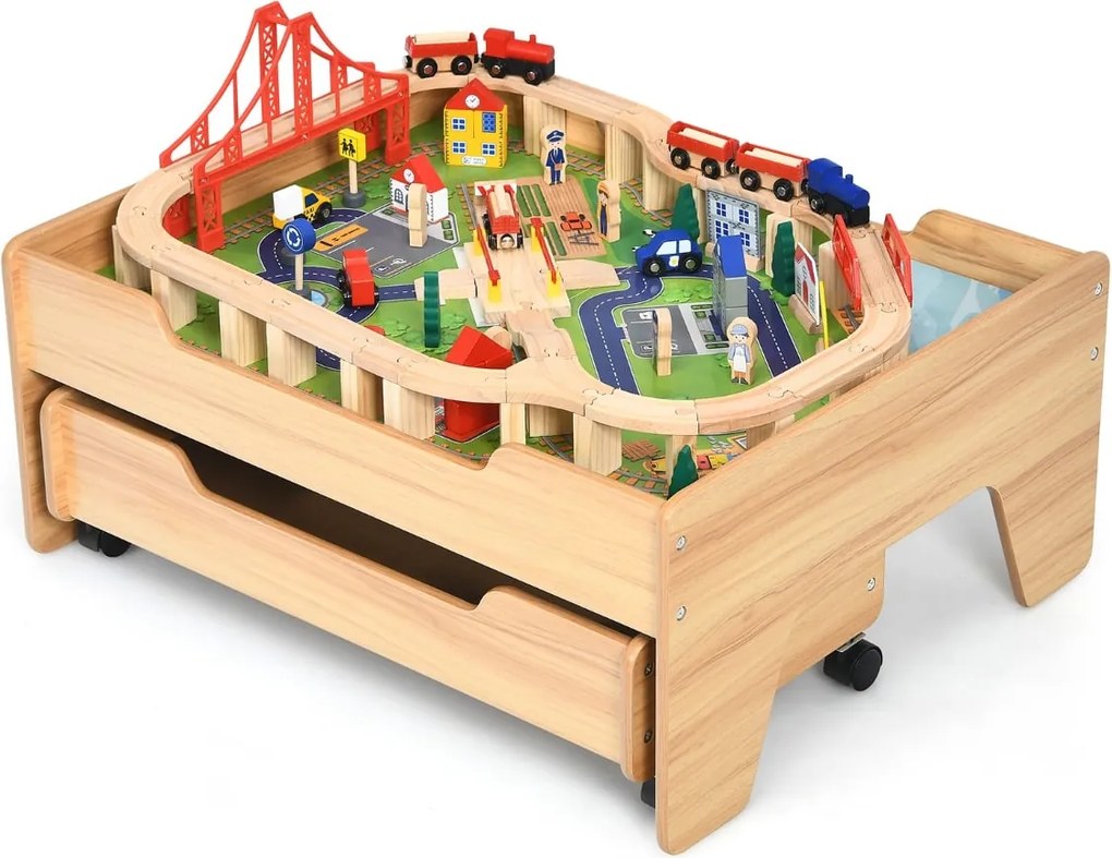 Costway Dřevěný dětský železniční vláček Dřevěný vláček Set Activity Table