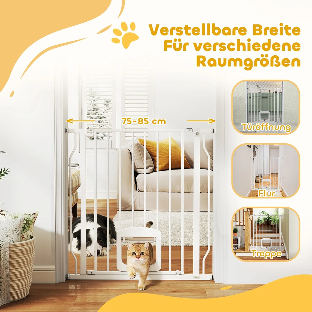PawHut rozšiřitelná bezpečnostní brána pro psy, 75–85 cm — do dveří a na schodiště, malá dvířka, tlakové uchycení, dvojité zamykání, bílá