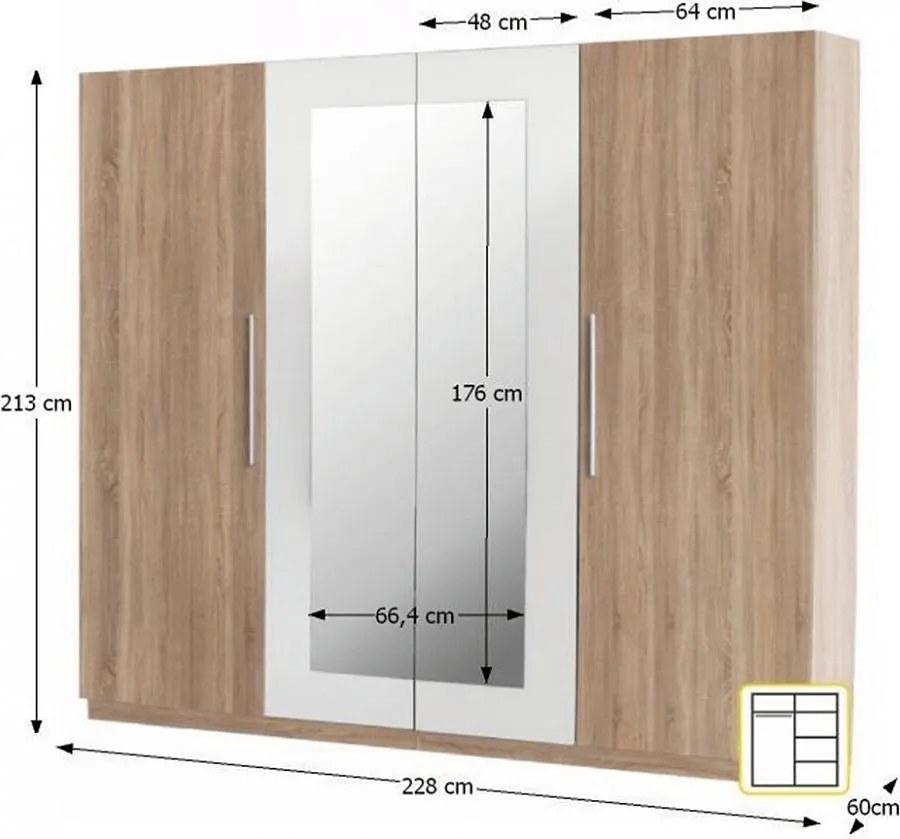 Ložnicový komplet (skříň, postel a 2 noční stolky), dub sonoma / bílá, MARTINA