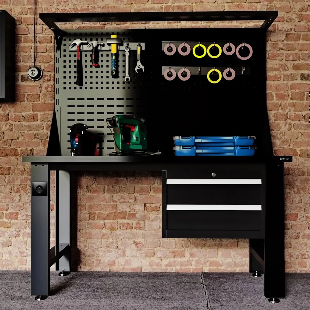 Dílenský stůl s perforovanou stěnou, černý, 1500x1700x750 mm: LOGAN All Black