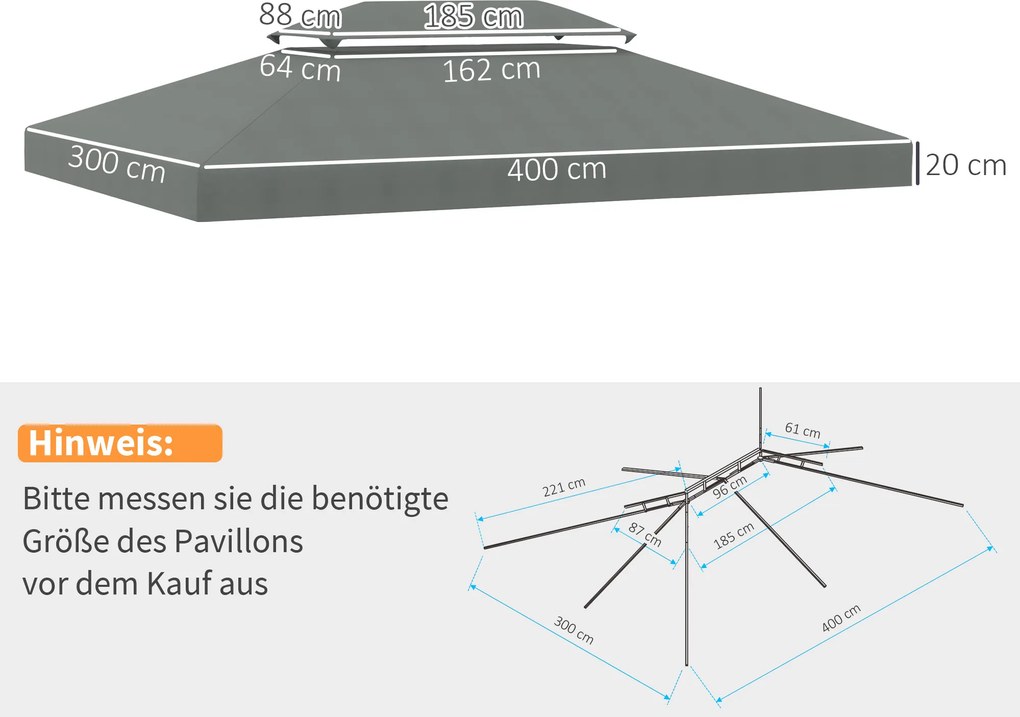 Outsunny náhradní střecha pavilonu pro kovový pavilon zahradní pavilon party stan zahradní stan polyester 3x4m tmavě šedý | Aosom