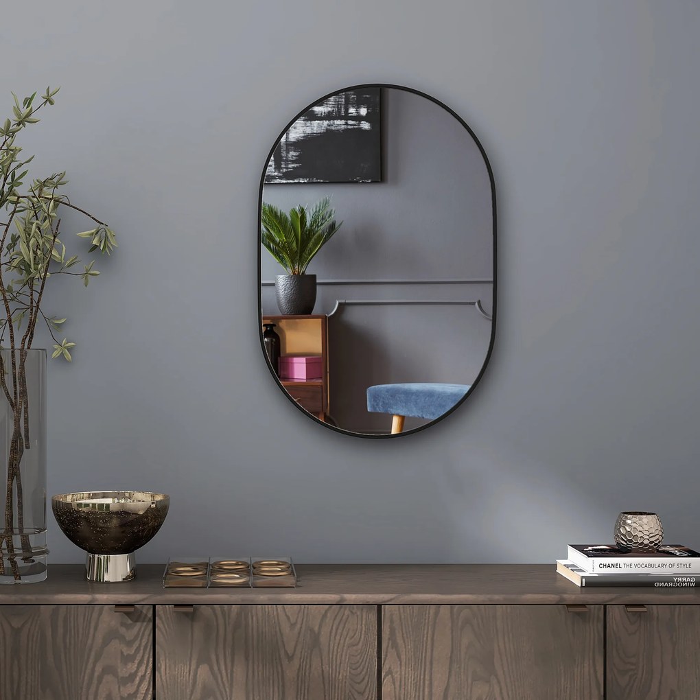 HOMCOM Oválné Koupelnové Zrcadlo 60x90cm z Tepelného Skla, Moderní Nástěnné Zrcadlo s Hliníkovým Rámem, Vertikální/Horizontální Montáž, pro Ložnici, …