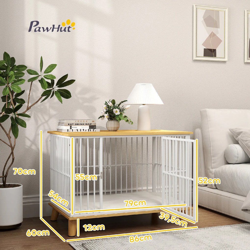 PawHut klec pro psa, uzamykatelná bouda pro psa s polštářem, box pro psa s dvířky, bouda pro středně velké psy do 15 kg, dub, 86 x 60 x 70 cm | Aosom