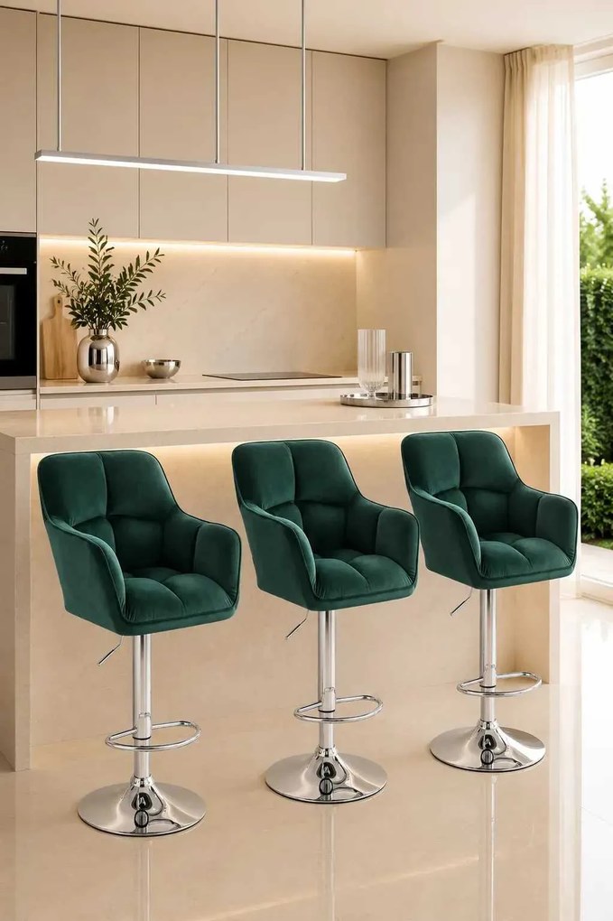 LuxuryForm DESIGN Barová židle AMALFI VELUR na stříbrné kulaté podstavě - zelená