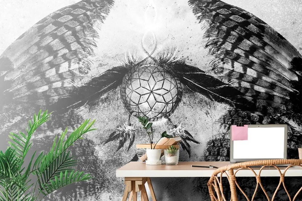 Samolepící tapeta černobílý indiánský lapač snů - 225x150 cm