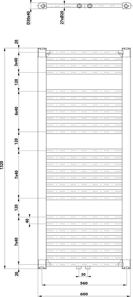 Aqualine Direct otopné těleso rovné 600 x 1320 mm středové připojení bílá ELM36T