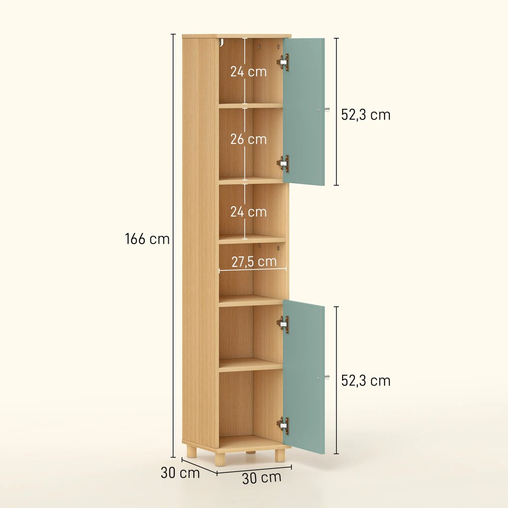 HOMCOM koupelnová skříňka Úložná skříňka 2 skříňky 2 otevřené přihrádky nastavitelné police 30 x 166 cm, zelená