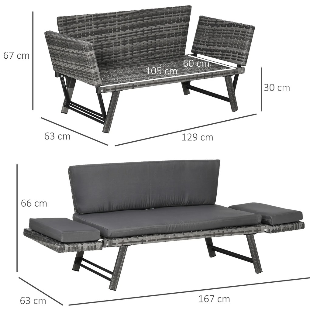 Outsunny polyratanová zahradní pohovka 2místná lounge pohovka šedá se sklopnými područkami ocel 129x63x67cm na zahradní terasu