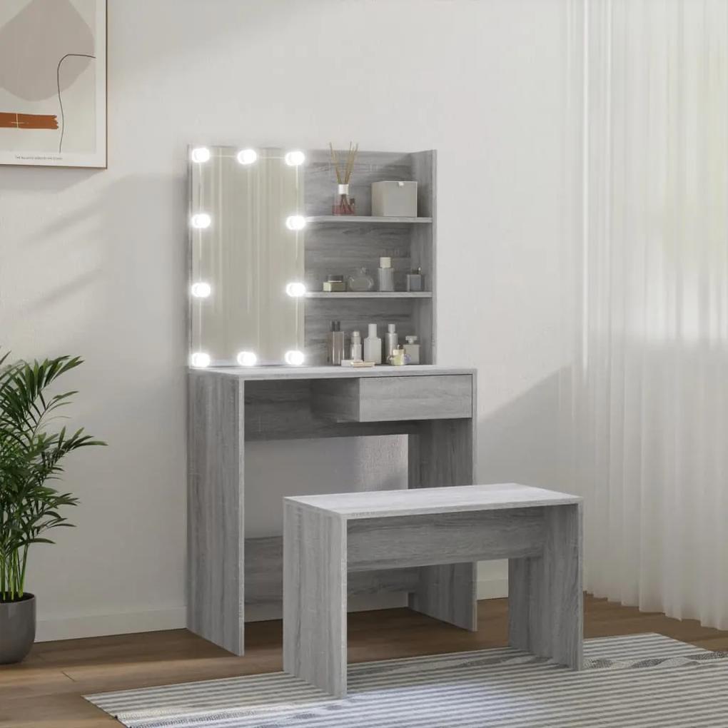 Toaletní stolek sada s LED šedý sonoma kompozitní dřevo - Default Title