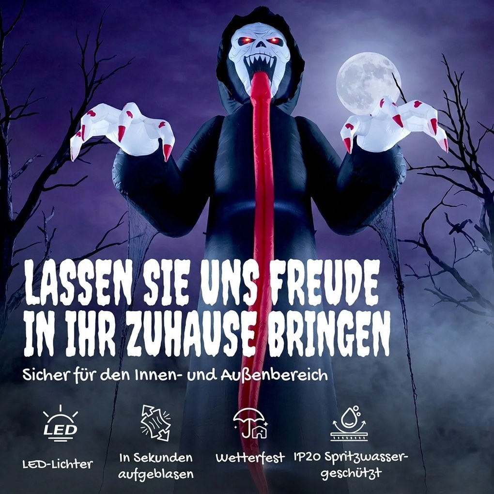 Outsunny Nafukovací Halloween kostlivec, 310 cm, s integrovanými LED světly, strašidelná dekorace pro vnitřní i venkovní použití
