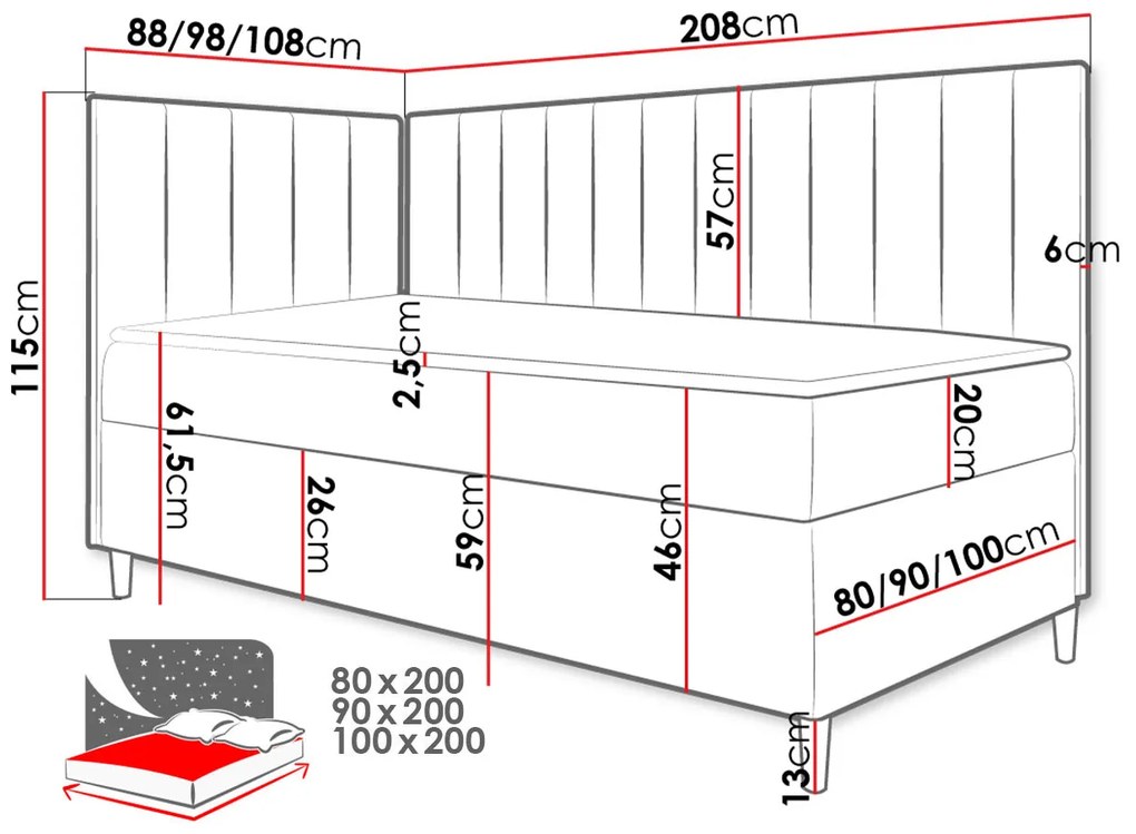 Boxspringová jednolůžková postel 90x200 ROCIO 3 - bílá ekokůže / šedá, pravé provedení + topper ZDARMA
