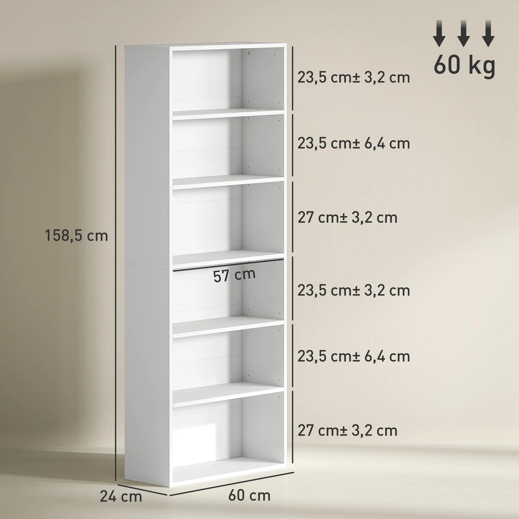 HOMCOM 6patrový úložný regál s nastavitelnými policemi pro obývací pokoj, ložnici, kancelář, 60x24x158,5 cm, bílá