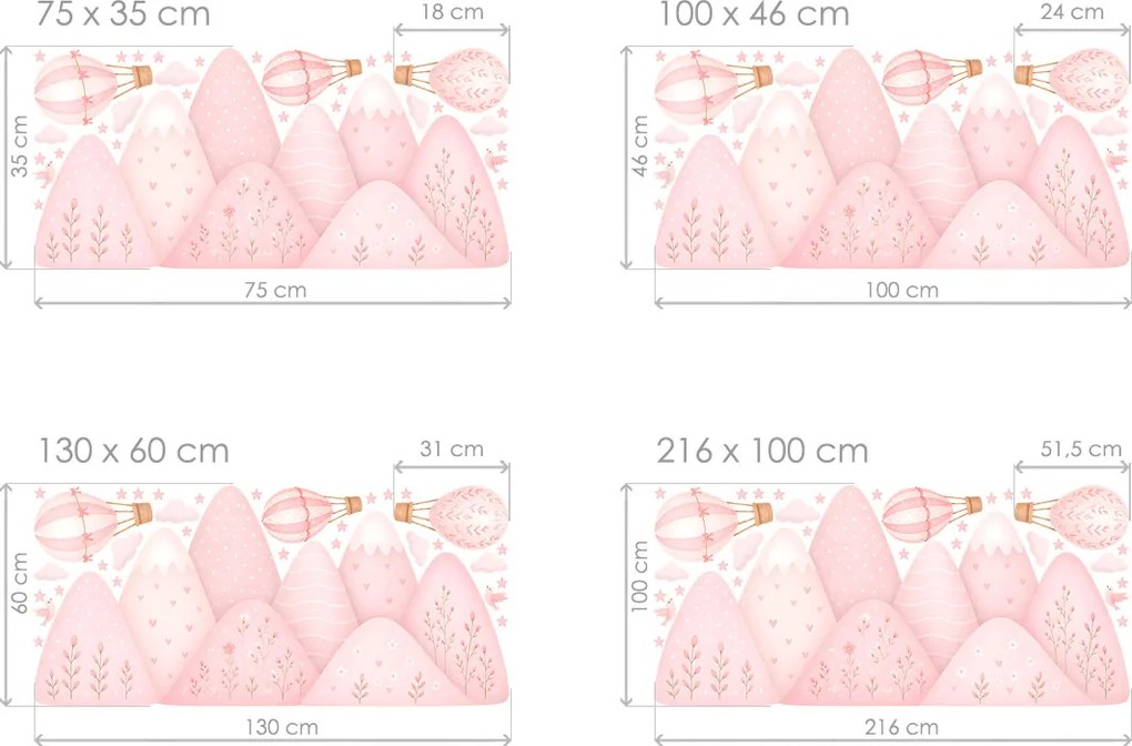 Hory kopce světle růžové samolepky na zeď pro holky arch 100 x 46 cm