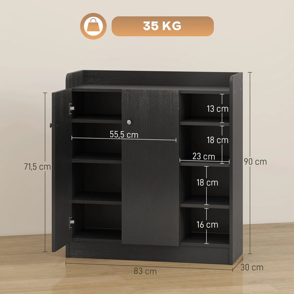 HOMCOM Úzký botník se dvěma dveřmi a nastavitelnými policemi pro 12 párů bot do předsíně 83x30x90 cm Černý