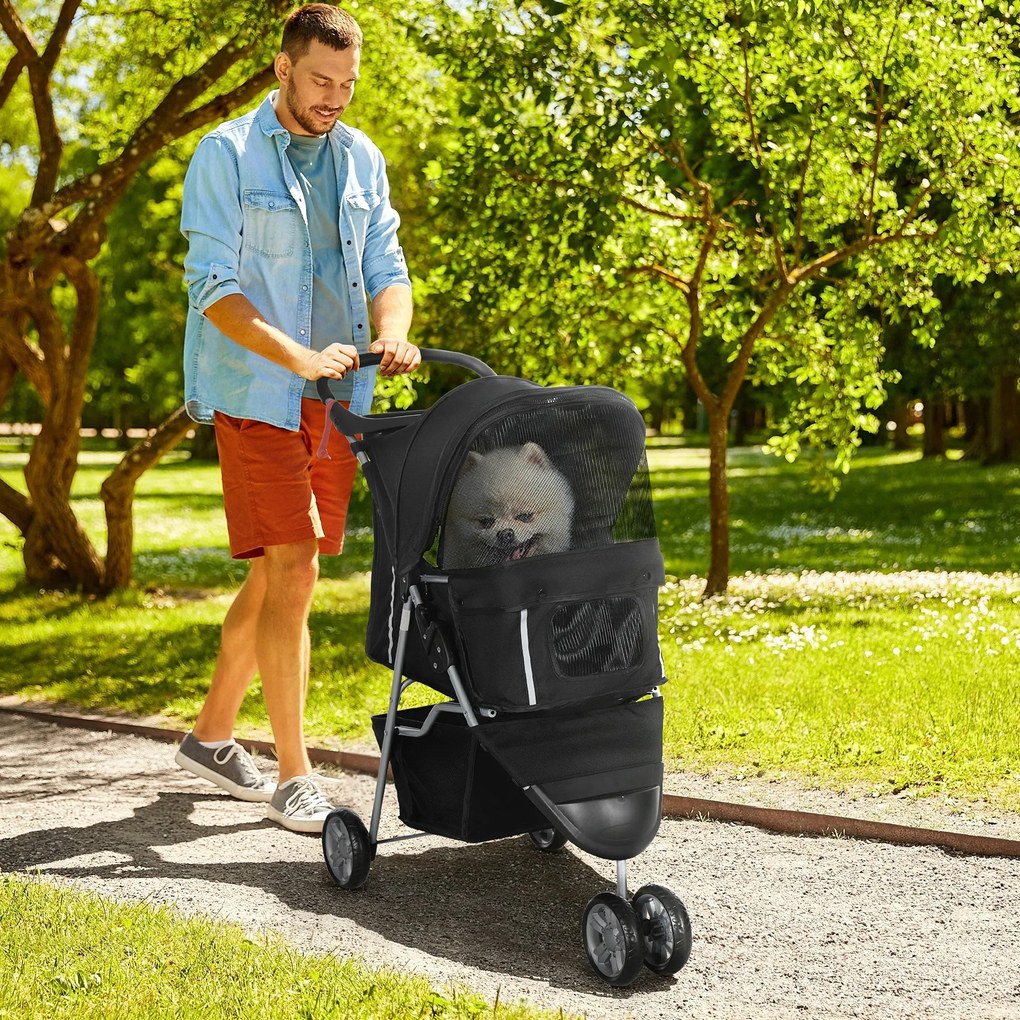 Skládací kočárek PawHut pro psy - kočárek pro malé psy s úložným košíkem, síťovými okny a 2 univerzálními koly, nosnost 15 kg, rozměry 75x45x97 cm, č…