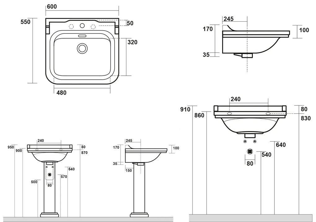 Kerasan WALDORF keramické retro umyvadlo 60x55cm, bílá 4140K1