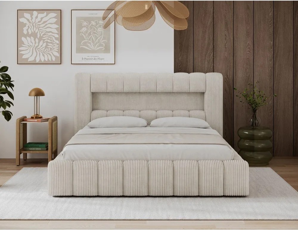 Béžová čalouněná dvoulůžková postel s úložným prostorem s roštem 140x200 cm Lamica – ELTAP