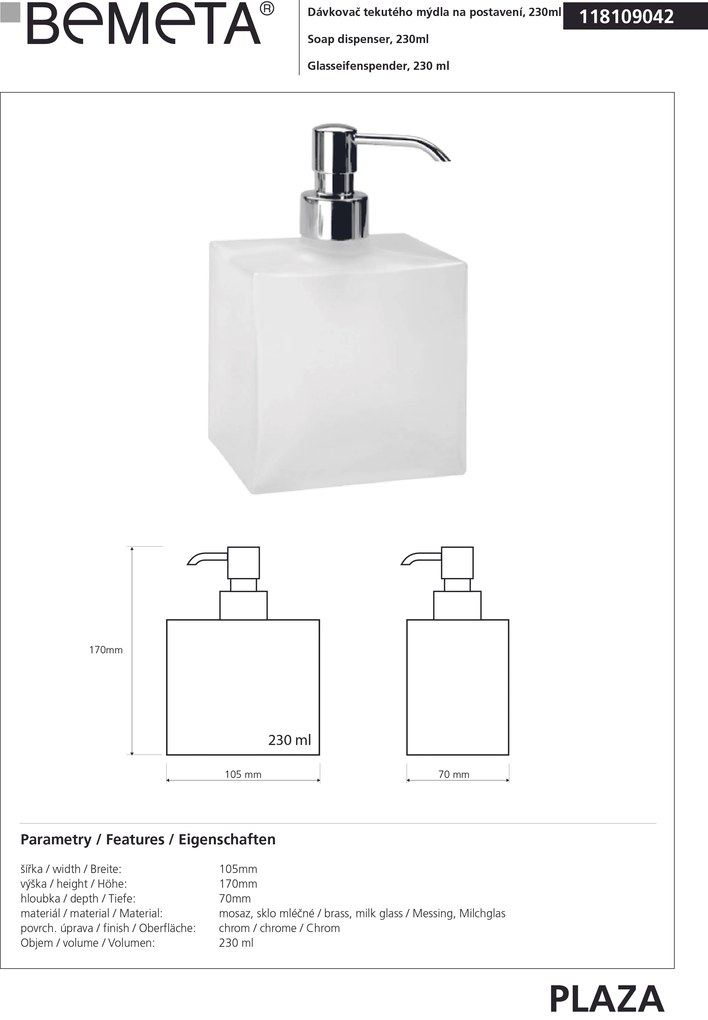 Bemeta Design BETA: Dávkovač mýdla, 230 ml, na postavení - 118109042