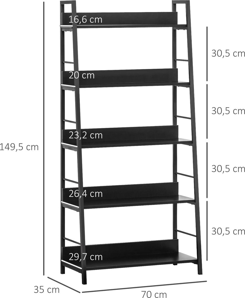 HOMCOM Knihovna v Průmyslovém Stylu - Opěrná 5 Policová 70L x 35Š x 150V cm Černá