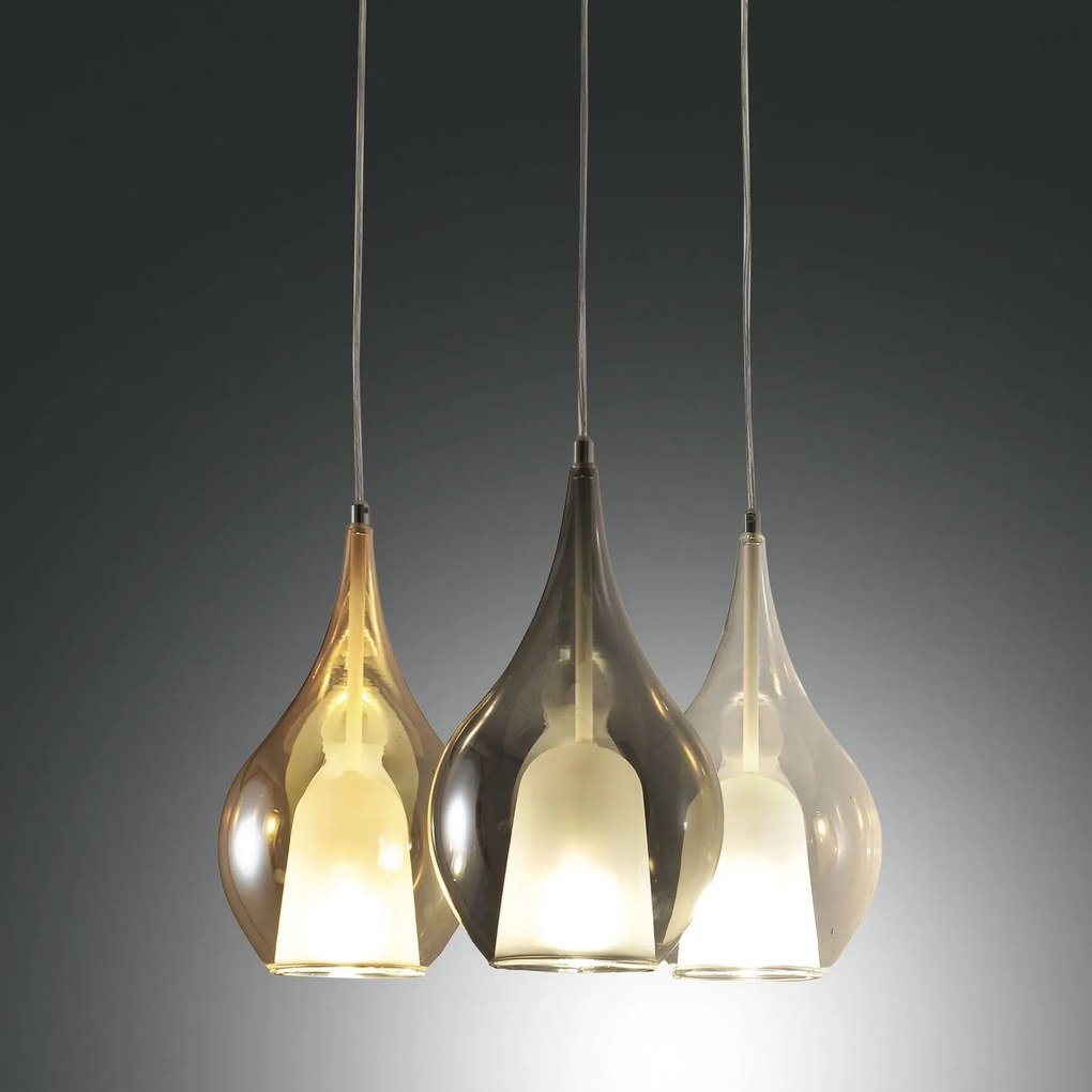 Fabas luce Fabas Lila, závěsné svítidlo z čirého, jantarového a šedého skla, 3x40W E27, průměr 50cm