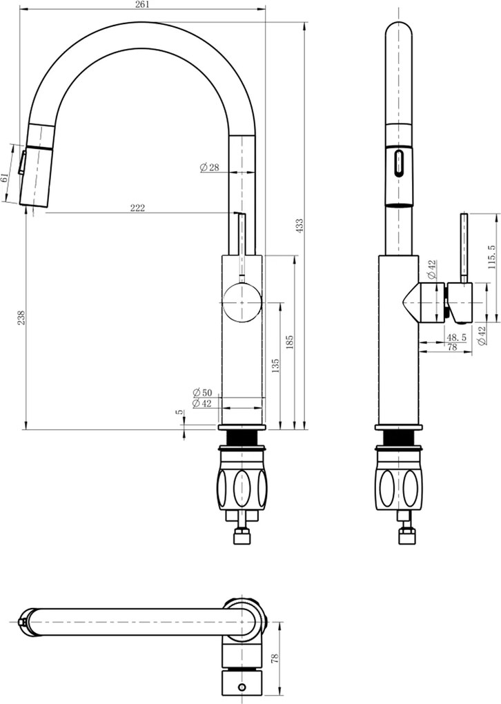 Sapho Flawo dřezová baterie stojánková s výsuvnou sprškou bez výpusti měď mat FR576PG