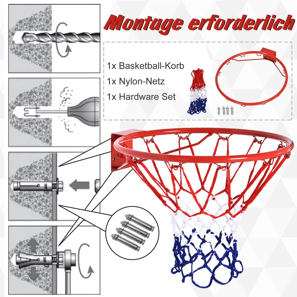 HOMCOM Basketbalový koš se sítí 46 cm, ocelové trubky a nylon, červeno-modro-bílý, ideální pro zahradu a volný čas