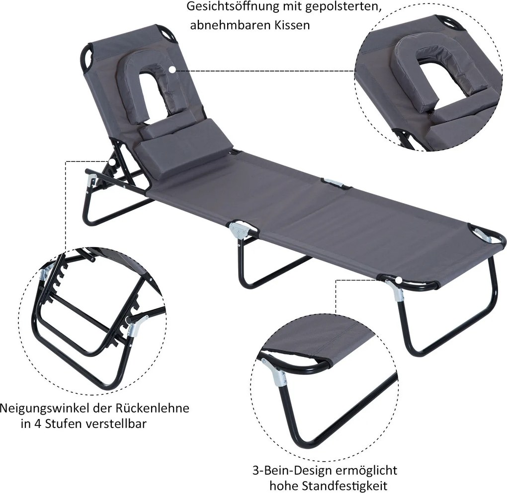 Outsunny lehátko na opalování Zahradní lehátko na třech nohách Relaxační lehátko s okénkem na čtení a otvorem na obličej v šedé barvě, ideální pro re…
