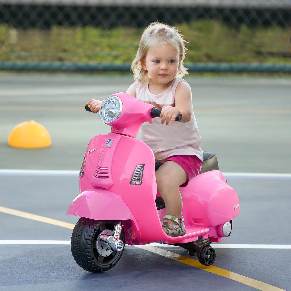HOMCOM Elektrická Vespa Motorka pro Děti 18-36 Měsíců, 6V Baterie, S Hlavním Světlem, Klaksonem a 4 Koly, Dětská Motorka s Licencí 66.5x38x52 cm Růžo…