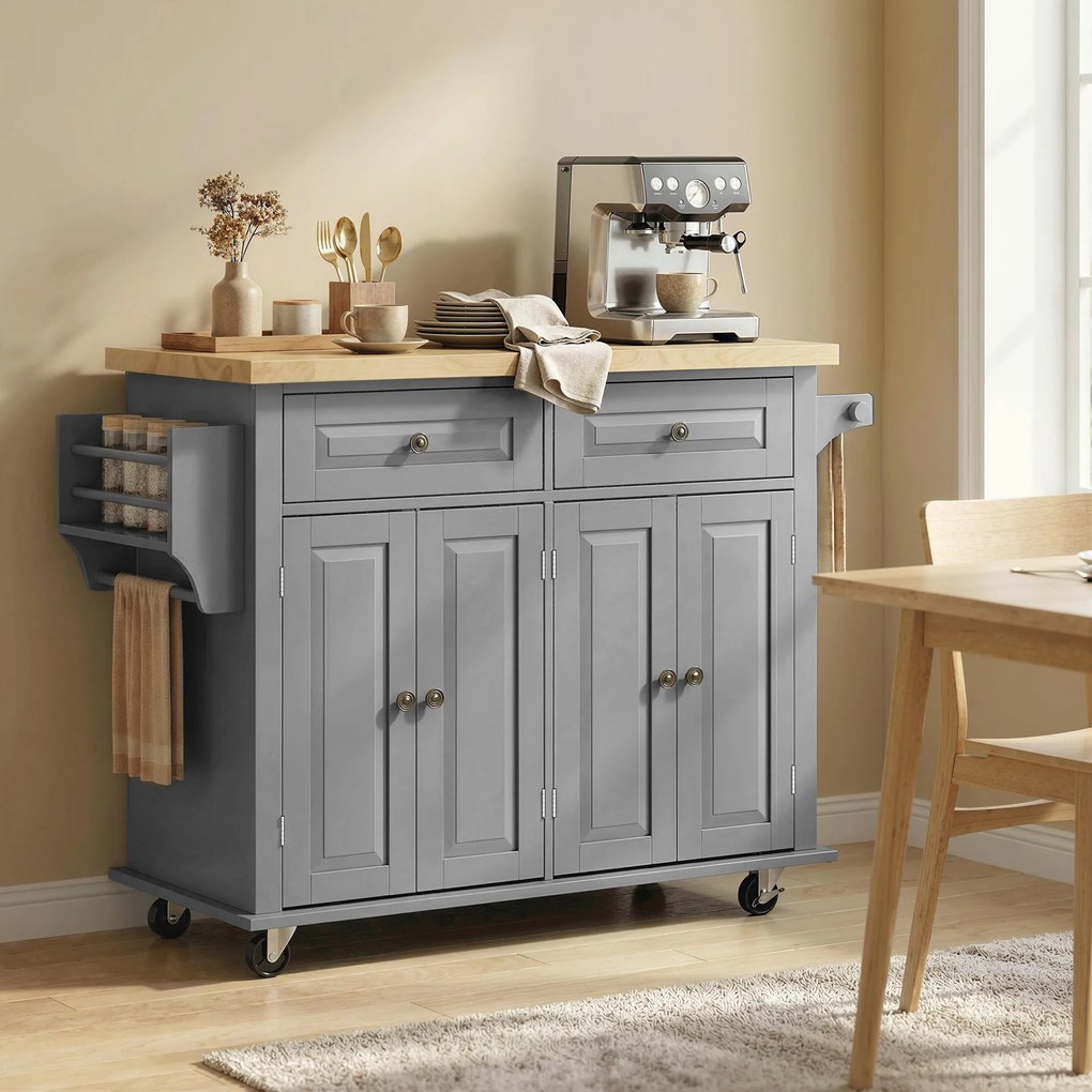 HOMCOM kuchyňský ostrov na kolečkách se zásuvkami, 111 x 44,5 x 82,5 cm, šedý
