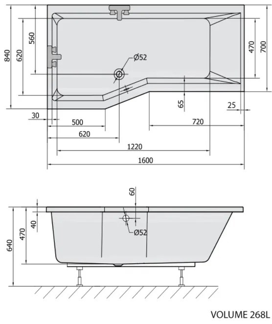 Polysan VERSYS L asymetrická vana s konstrukcí 160x84x70x47cm, bílá, 14711