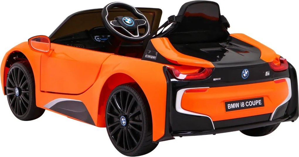 Ramiz Elektrické autíčko BMW i8 Lift oranžové + dálkové ovládání + pomalý rozjezd + 3bodové pásy + MP3 USB + LED