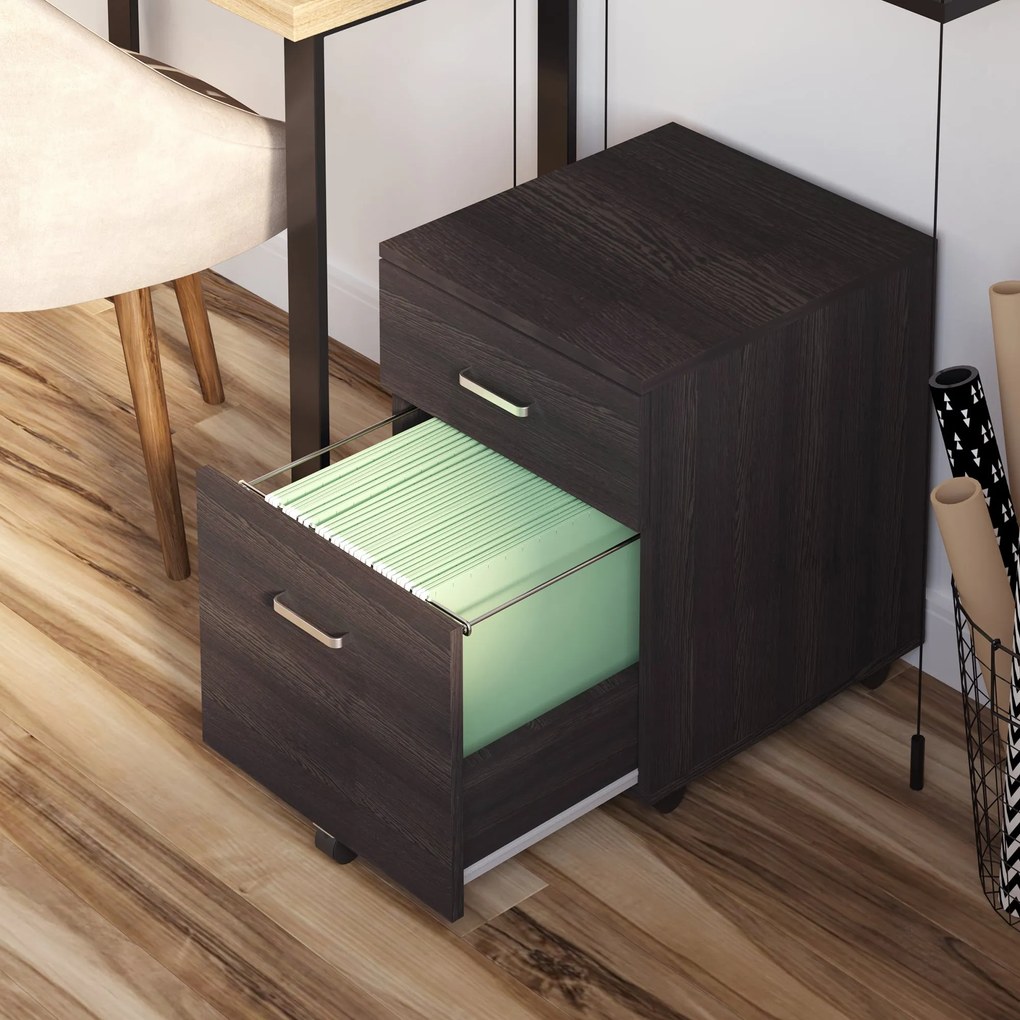 Vinsetto Mobilní Kancelářská Skříň na A4 s Kolečky - Skříň s 2 Zásuvkami a Zámkem 40x45x55,6 cm Wengué