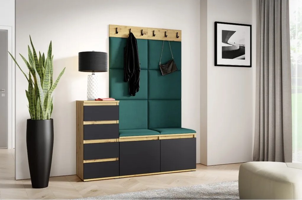 Eka Předsíňová stěna s čalouněnými panely Trinity 34 - Dub Artisan s černou /Tmavá zelená 2328