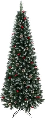 HOMCOM zasněžený tužkový vánoční strom 210 cm s 818 větvičkami, červenými bobulemi, šiškami, skládacím kovovým stojanem, automatickým otevíráním, zel…