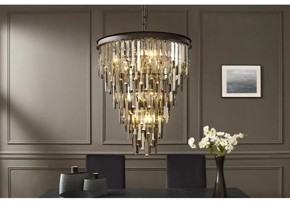 Massive home | Lustr CRYSTAL 50cm železné černé skleněné hranoly šedé