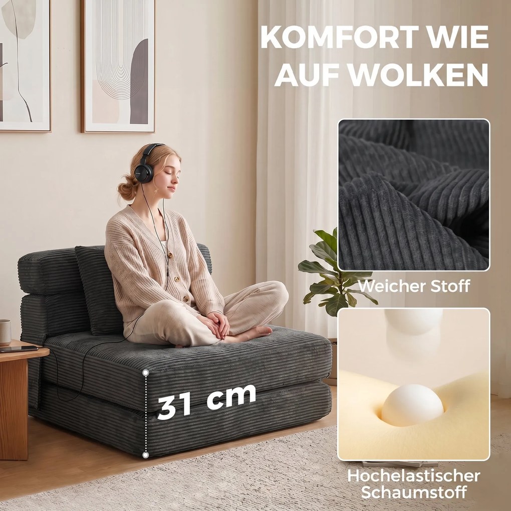 HOMCOM 2-v-1 Boneless Cloud podlahová židle, skládací spací křeslo s kordurovým vzhledem a bederním polštářem, tmavě šedá