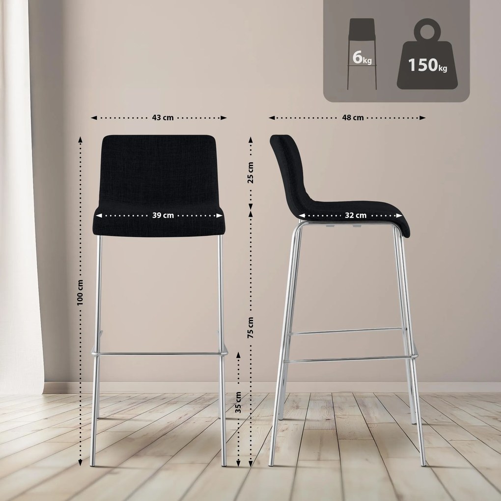 Sada 2 barových židlí Hoover látka čtyřnohá konstrukce chromovaná konstrukce – černá