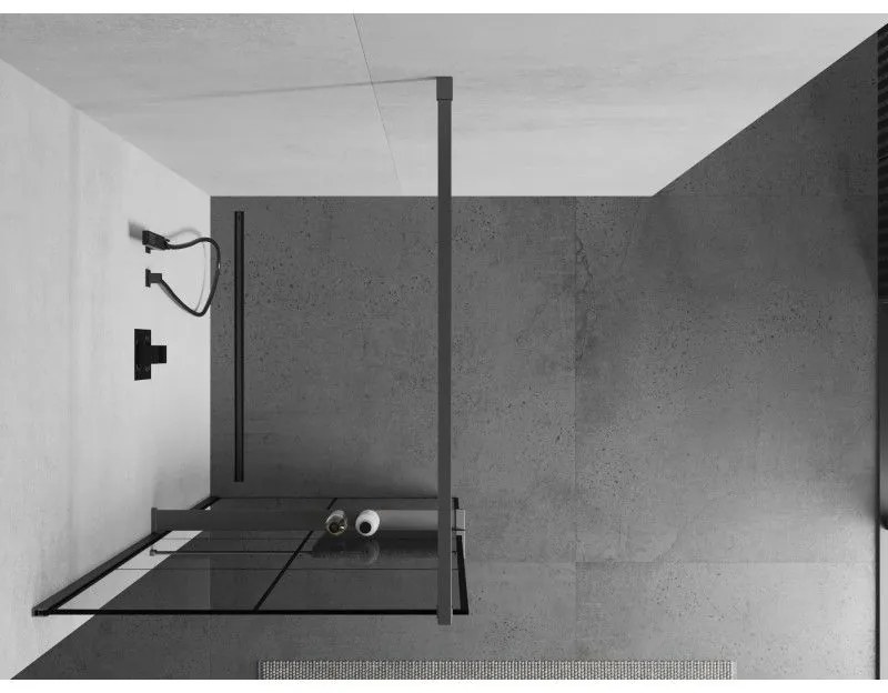 Mexen Kioto+, sprchová zástěna Walk-In s poličkou a věšákem 70 x 200 cm, 8mm čiré sklo černý vzor, grafitový profil, 800-070-121-95-77