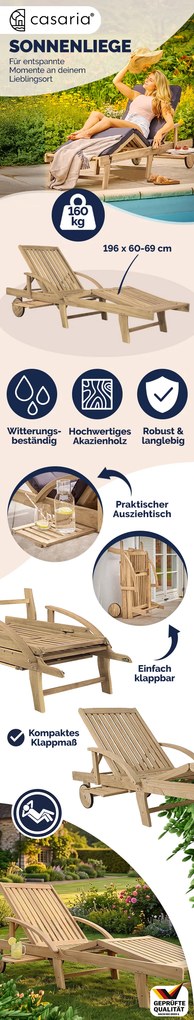 Zahradní lehátko skládací nastavitelný z akáciového dřeva Teak vzhled rozkládací stůl kolečka