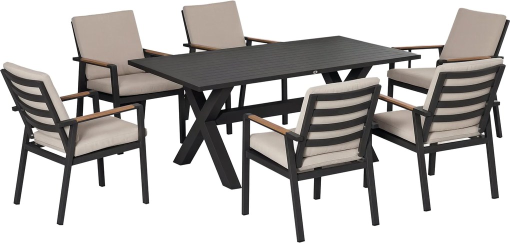 Outsunny 7dílná jídelní souprava pro zahradní patio - 1 stůl + 6 židlí s polštáři, weatherproof hliníkový rám, černá + šedá | Aosom