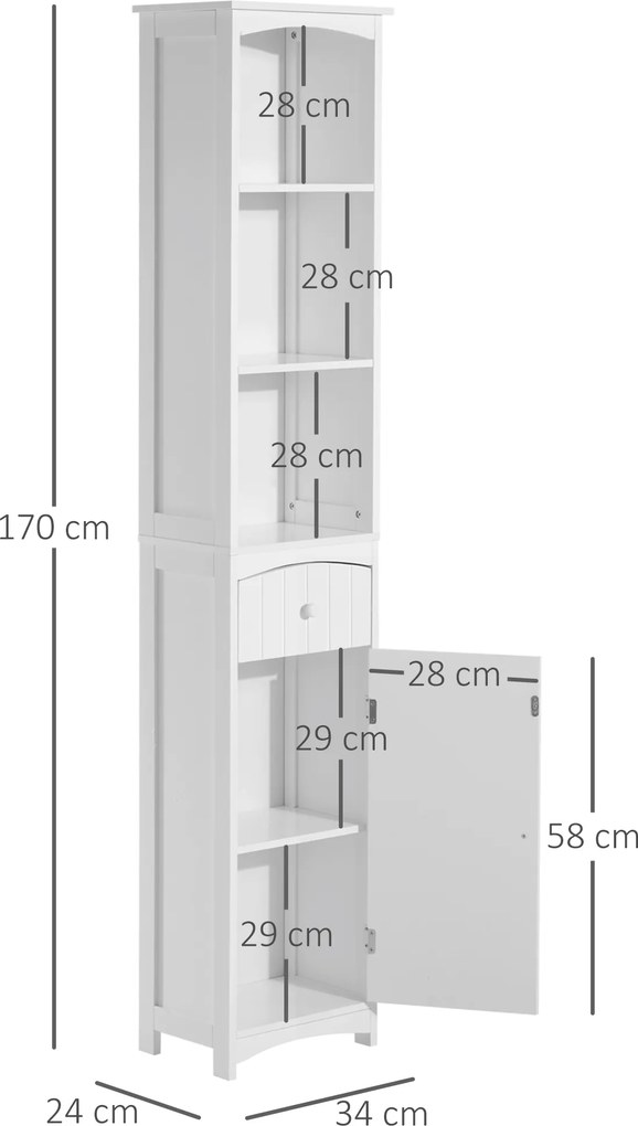 HOMCOM Vysoký Úzký Koupelnový Skříňka s 1 Šuplíkem a 3 Otevřenými Policemi, Moderní Styl pro Obývací Pokoj, Koupelnu, Kuchyň 34x24x170 cm Bílá