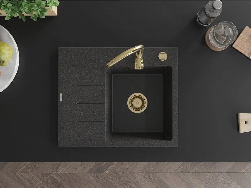 Mexen Ben, 1-komorový granitový dřez 600x500x190 mm, pravý + zlatý sifon, černá skvrnitá, 6523605000-76-G