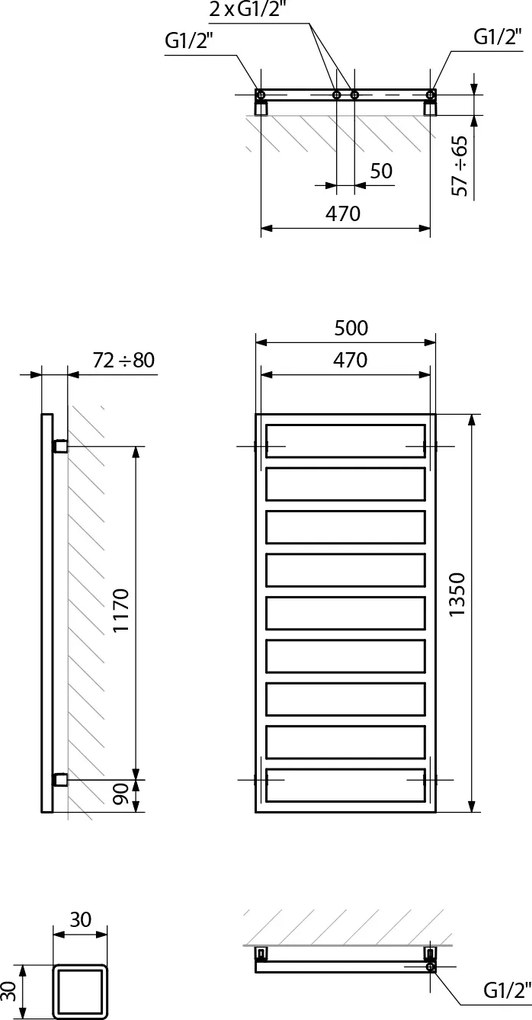 Sapho Gianluca otopné těleso 1350 x 500 mm středové připojení černá mat GL135B