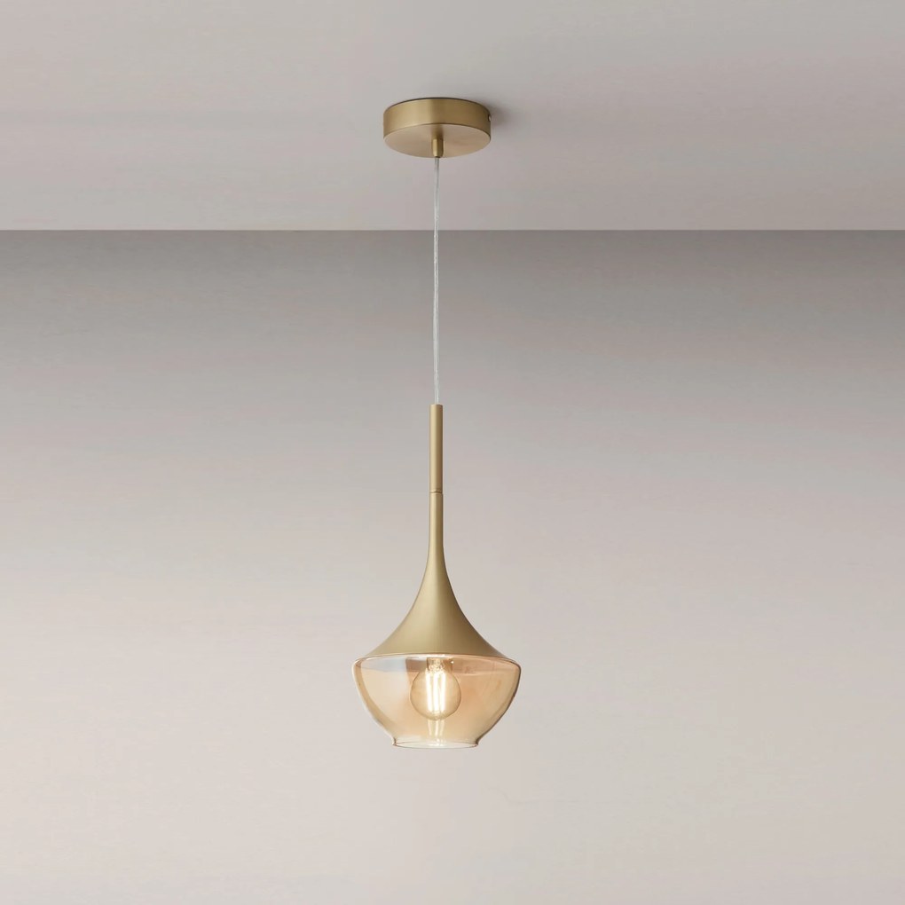 Fabas 3623-41-119 Apollo, zlaté závěsné svítidlo s ambrovým sklem, 1xE27, průměr 20cm