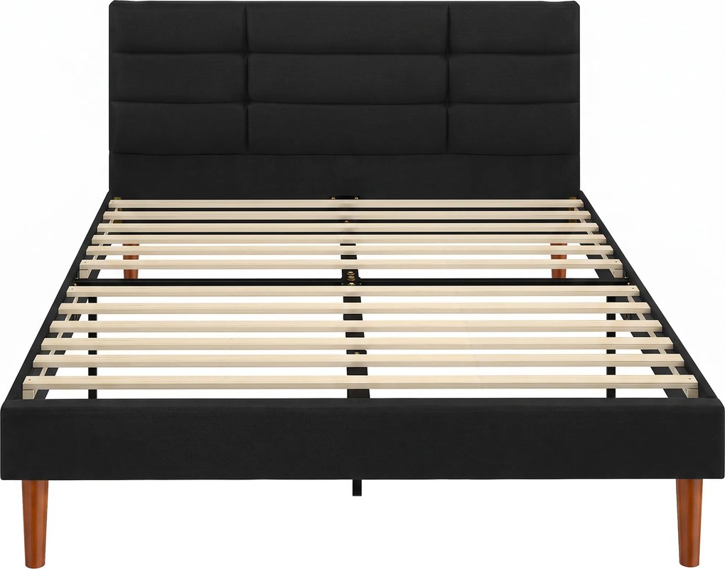 HOMCOM rám postele 140 x 200 cm s lamelovým roštem, polstrovaná manželská postel v lněném vzhledu, úložný prostor pod postelí, tišší, černý