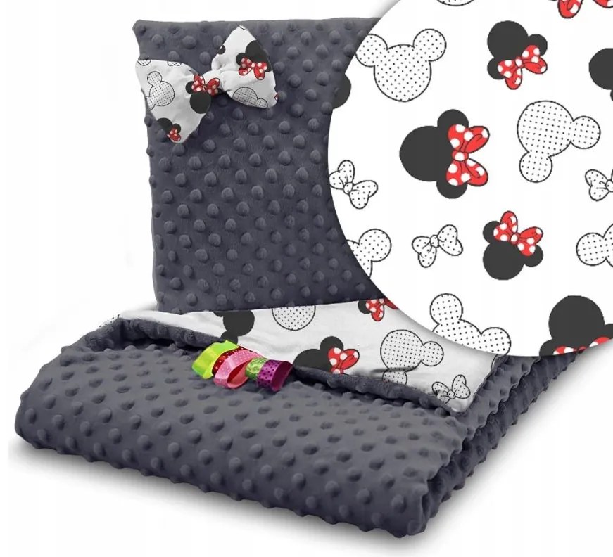 Dětská deka do kočárku s polštářkem a motýlkem - BABYMAM PREMIUM set 3v1 - Myška Minnie s grafitovou minky