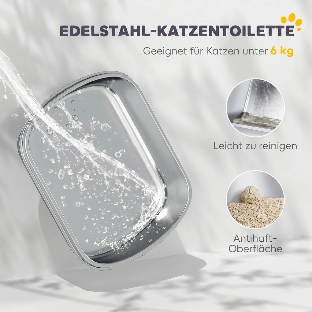 PawHut krytá nerezová kočičí toaleta s horním otevíráním, dvojím vstupem, lopatkou, vysokými stěnami, odolná proti prosakování, proti zápachu, snadno…