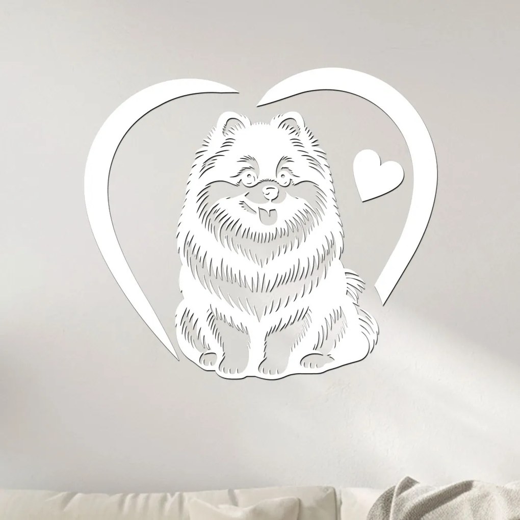 dřevo života Dřevěný obraz psa Pomeranian v srdci Zvolte rozměr (cm): 60x52, Zvolte barvu dekoru: Horský dub