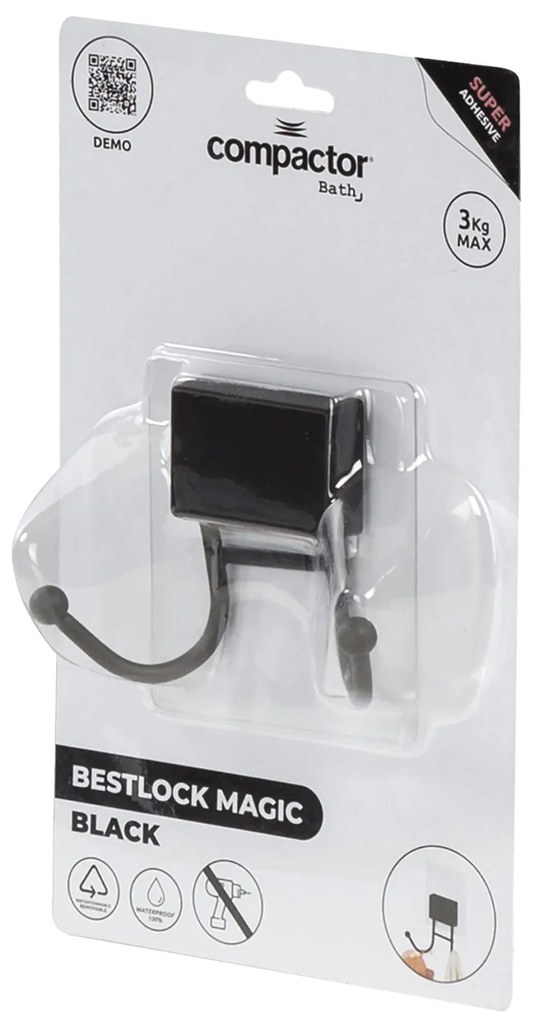 Dvojitý samolepicí háček Compactor Bestlock Black Magic systém bez vrtání, nosnost až 3kg