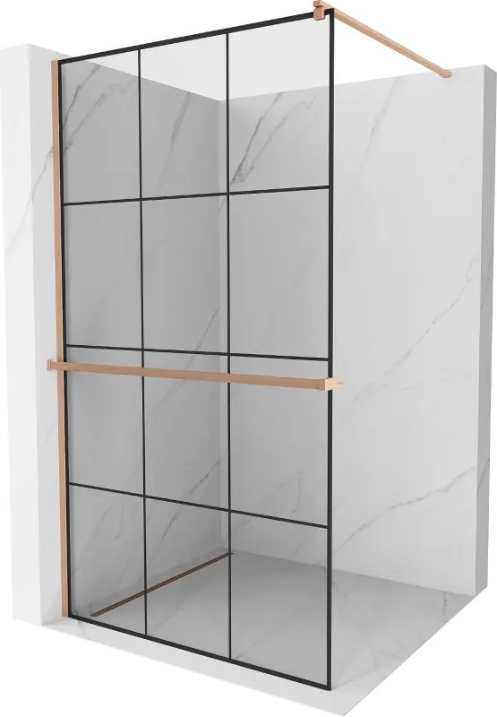Mexen Kioto+, sprchová zástěna Walk-In s poličkou a věšákem 120 x 200 cm, 8mm čiré sklo černý vzor, ​​měděný matný profil, 800-120-121-65-77